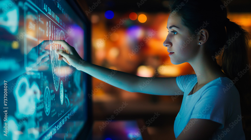 Fotografía Young adult woman tracing ancient symbols on a museum ...