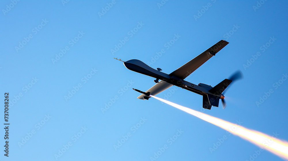 Unmanned aerial vehicle (UAV) launching a missile against a clear blue ...