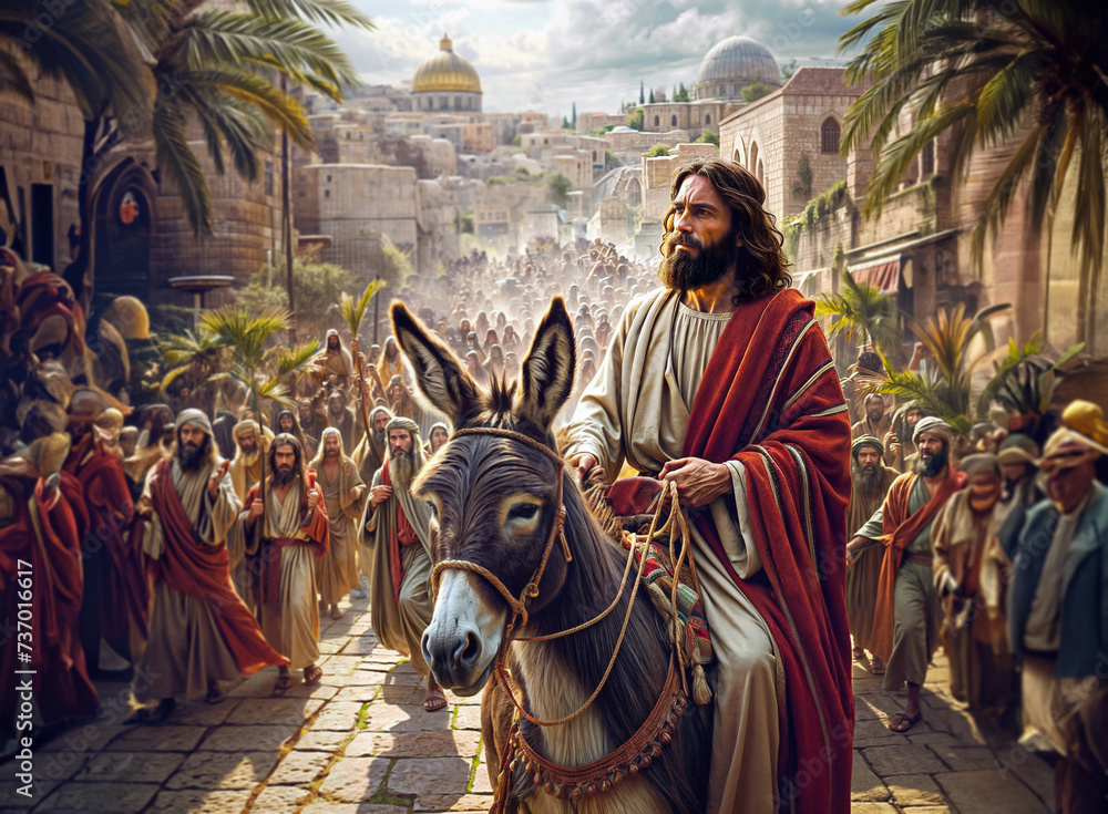 Jesus entering Jerusalem on donkey on Palm Sunday Stock Photo | Adobe Stock