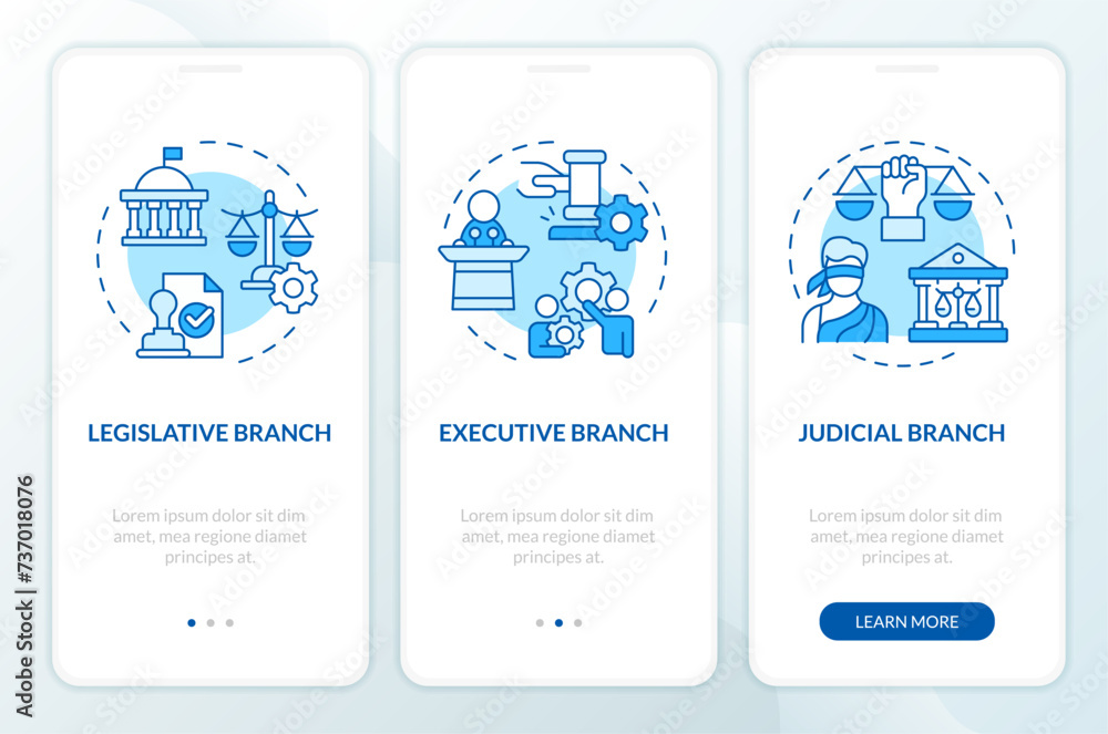 Branches of government blue onboarding mobile app screen. Walkthrough 3 ...
