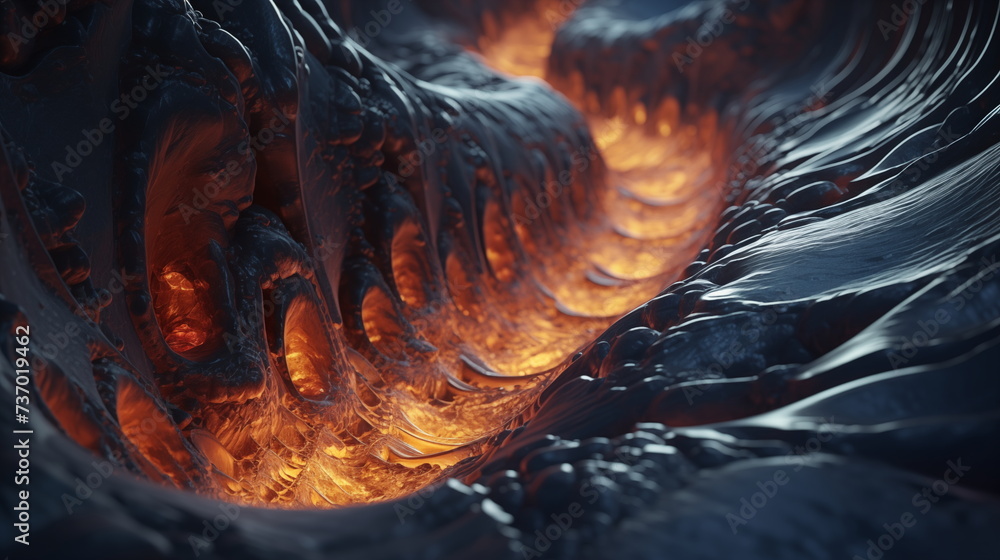 burning nanoscale lava with fire and sparks, microscopic photography ...