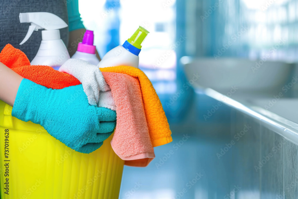 Person holding bucket filled with various cleaning supplies. This image ...