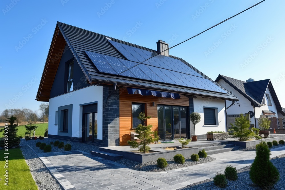 Foto de New suburban house with a photovoltaic system on the roof ...