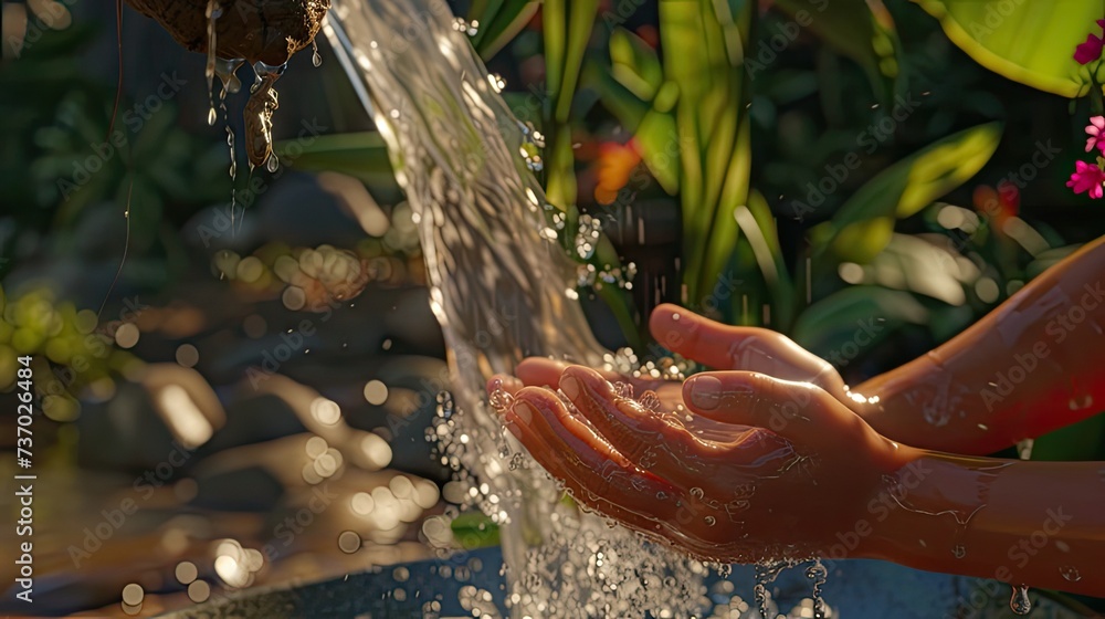hands cupped to receive water, and wider shots to contextualize the ...
