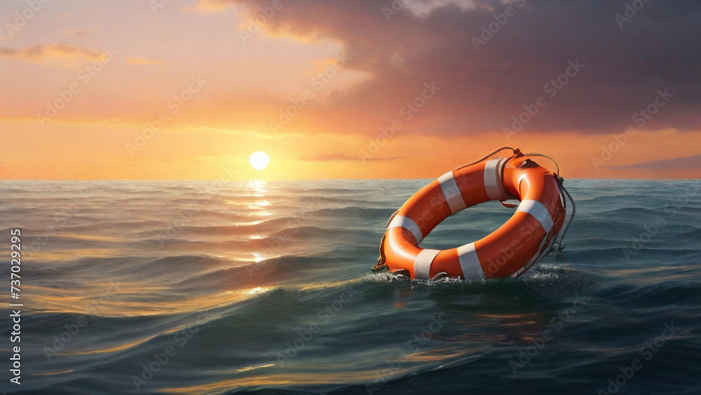 Lifebuoy floating in the middle of ocean as a symbol of rescue, safety ...