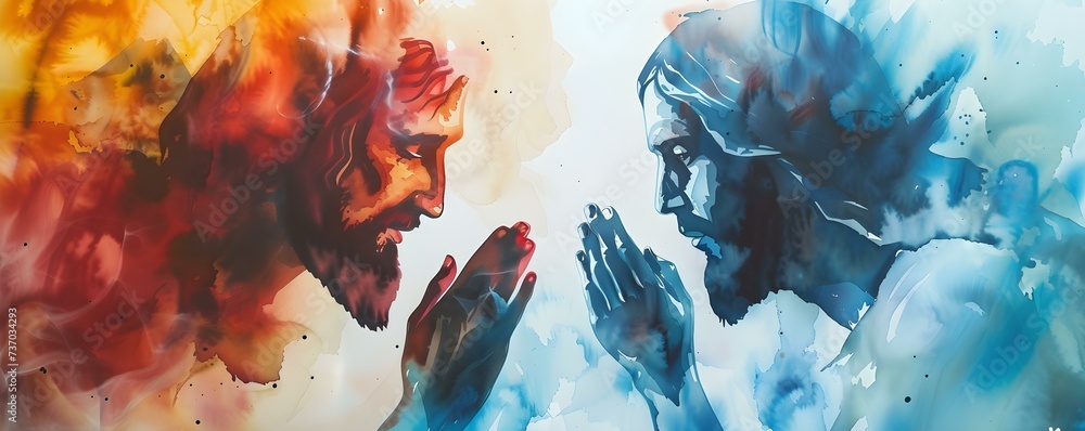 A watercolor painting depicting the biblical event of the Temptation of ...