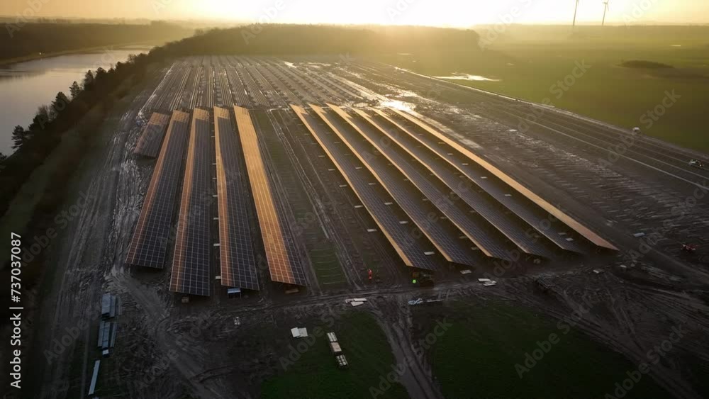 Footage of construction site for photovoltaic park with solar racks for ...