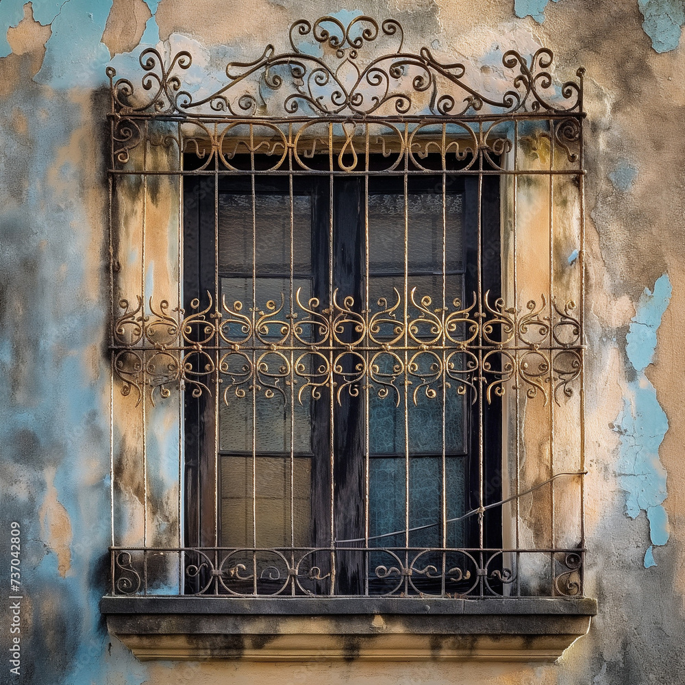 Ornate wrought iron window grill on a weathered facade, featuring ...