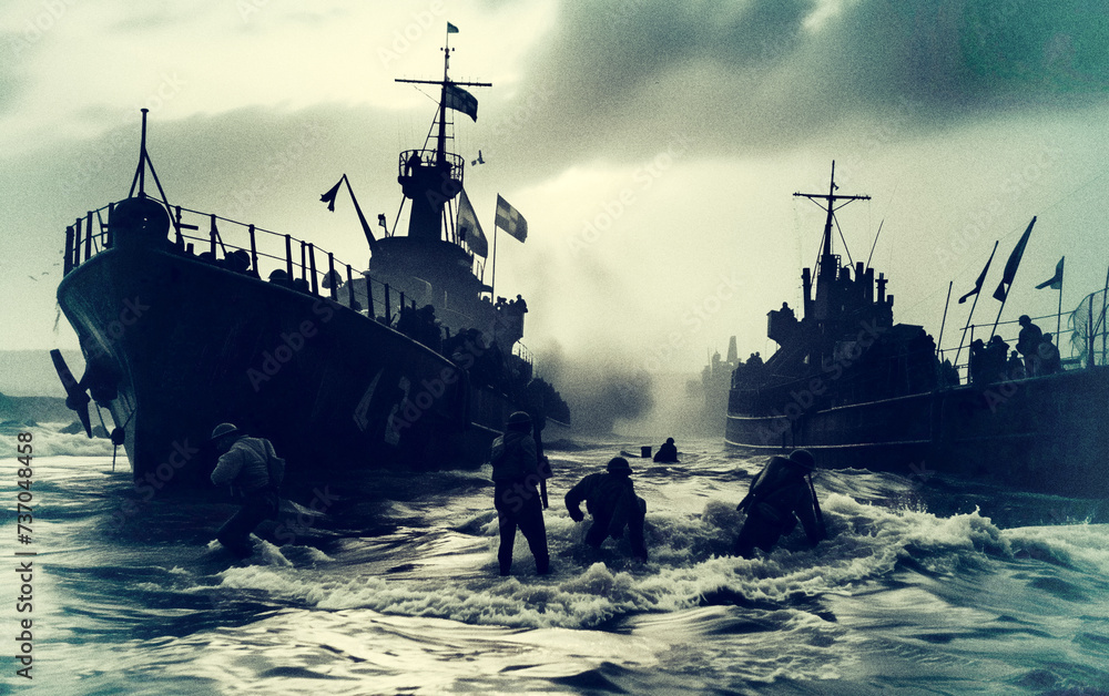D-Day normandy landing 1944, WWII landing crafts and soldier on the ...