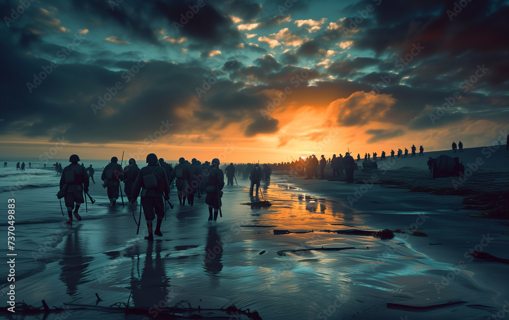 D-Day normandy landing 1944, WWII landing crafts and soldier on the ...