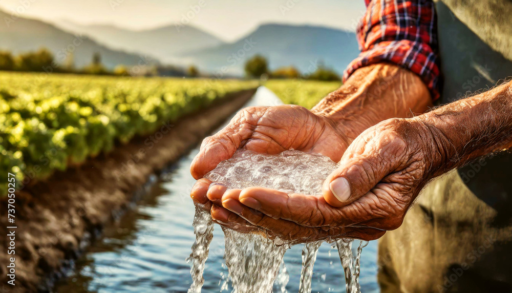 Closeup of two wrinkled hands (cupped hands full of fresh water) of a ...