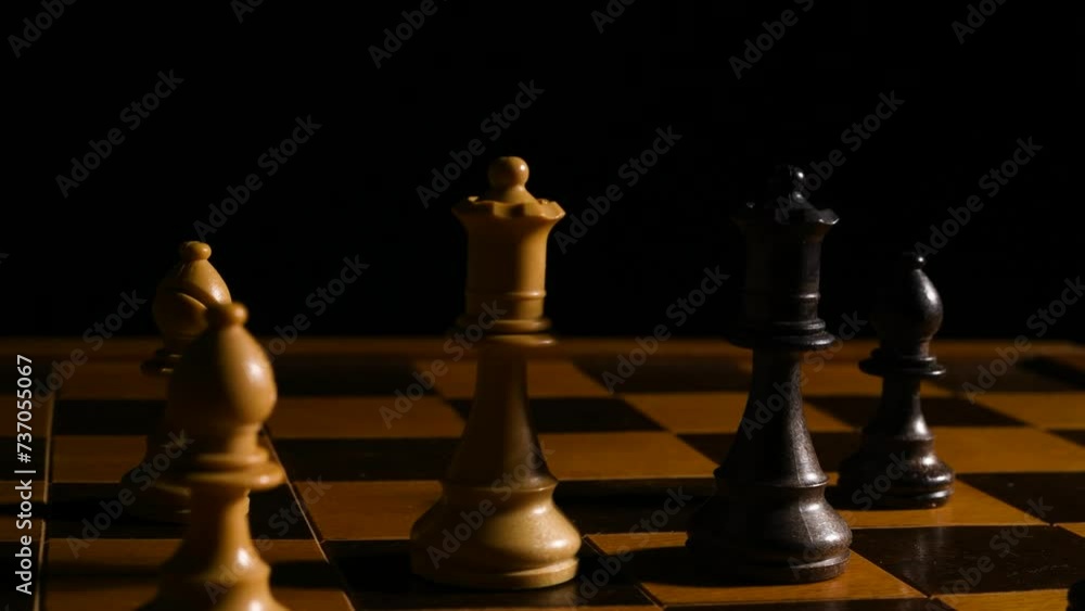 2 queen chess pieces are facing each other on a chessboard, with pawns ...