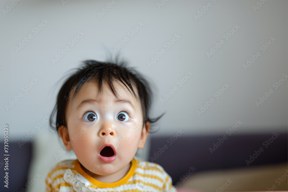 Cute asian kid open mouth. Shocked screaming Asian cute baby girl with ...