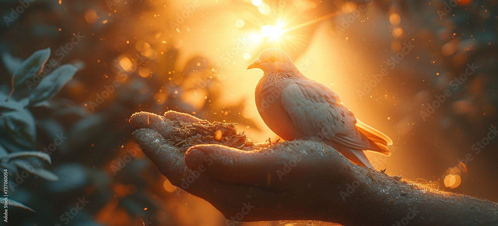 Hand releasing a bird into the air concept hope, peace and spirituality ...