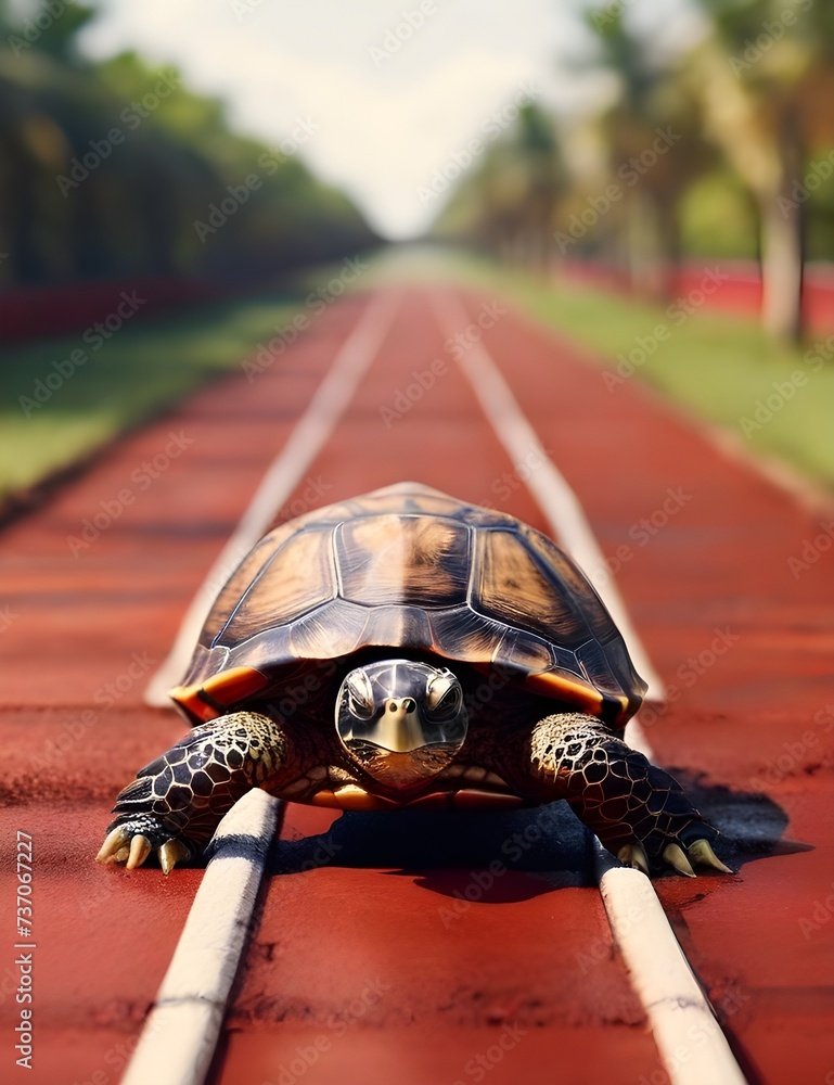 turtle walking down a red track in a concept of racing or getting to a ...