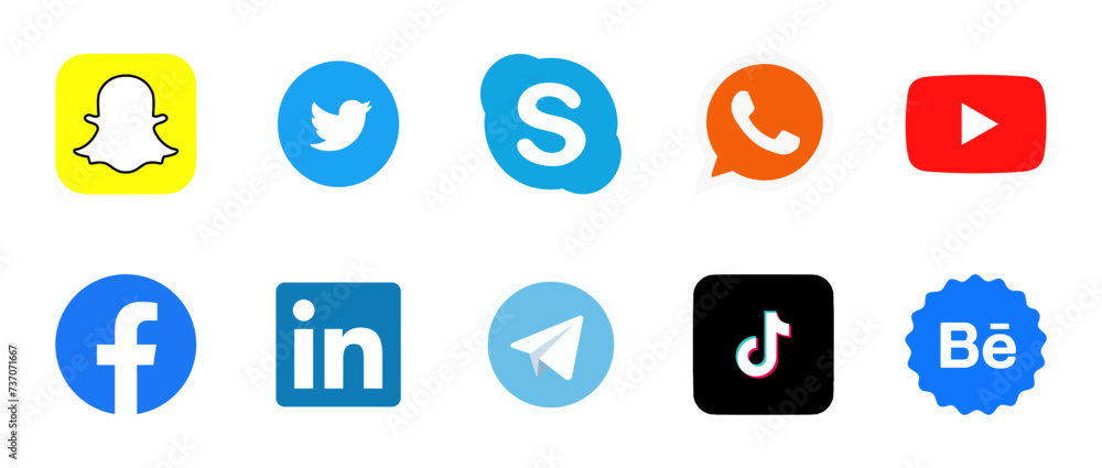 Most popular social network logos. Snapchat, Twitter, Skype, WhatsApp ...