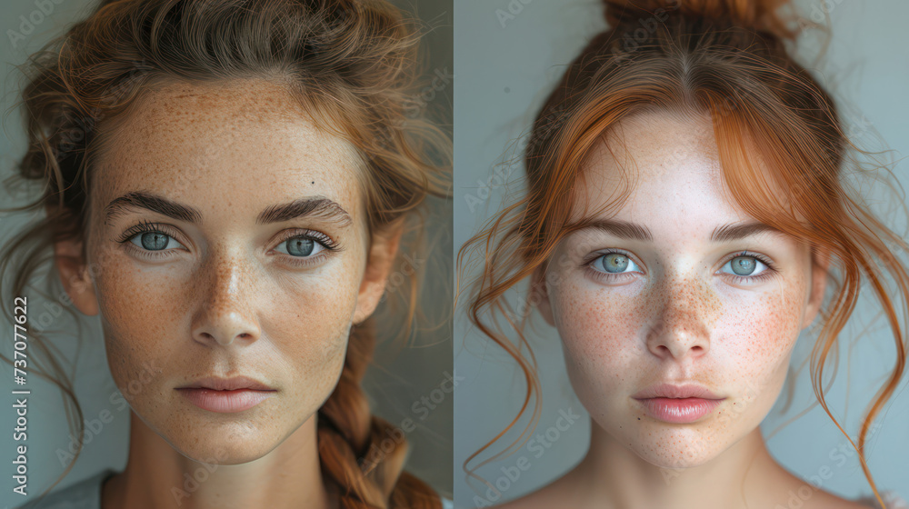 Beautiful woman's face Before and after cosmetic procedures, studio ...