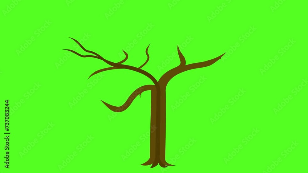 2D animation of Autumn season tree grow without leaves against green ...