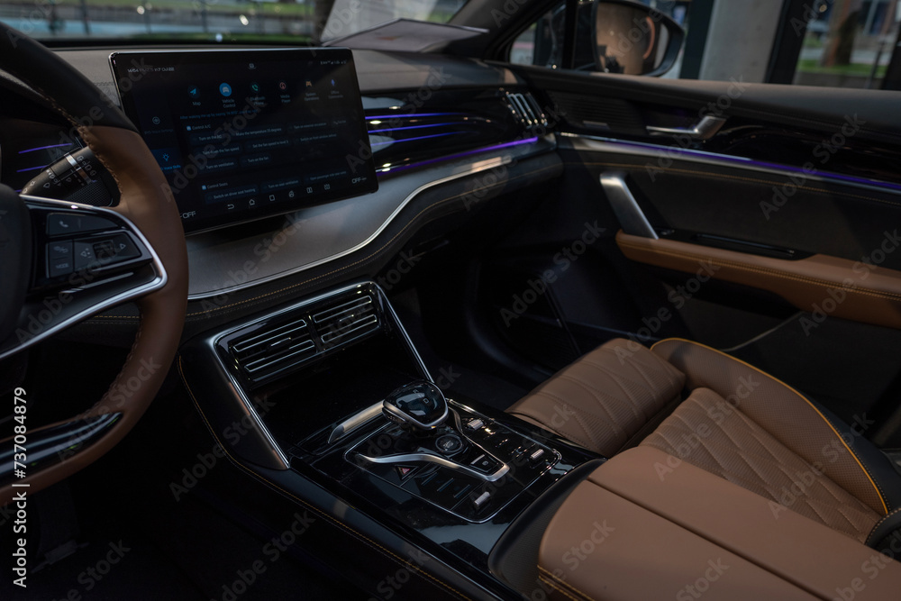 Interior, cockpit of BYD Tang Electric Car, ergonomic digital panel ...