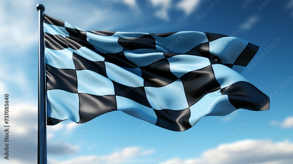 Race flag waving in the wind over asphalt road with cloudy sky ...