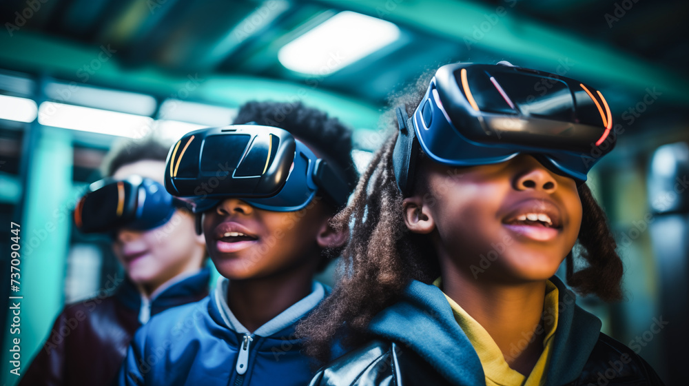 Group of school kids in futuristic attire wearing VR glasses ...