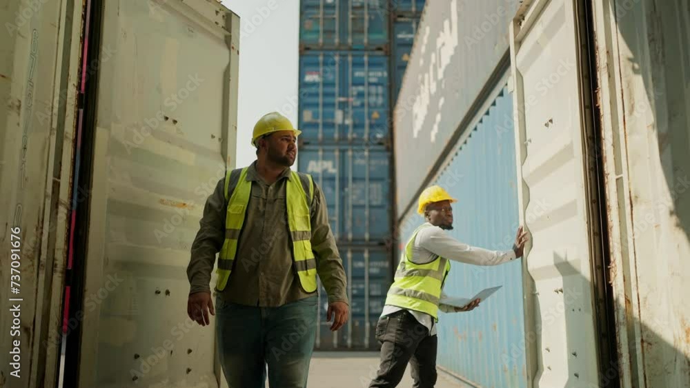 Two cargo workers in safety uniform open container box checking goods ...