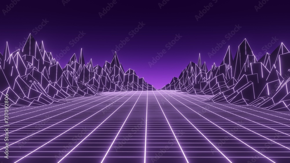 Abstract retro mountains on background of starry sky. 3D topographic ...