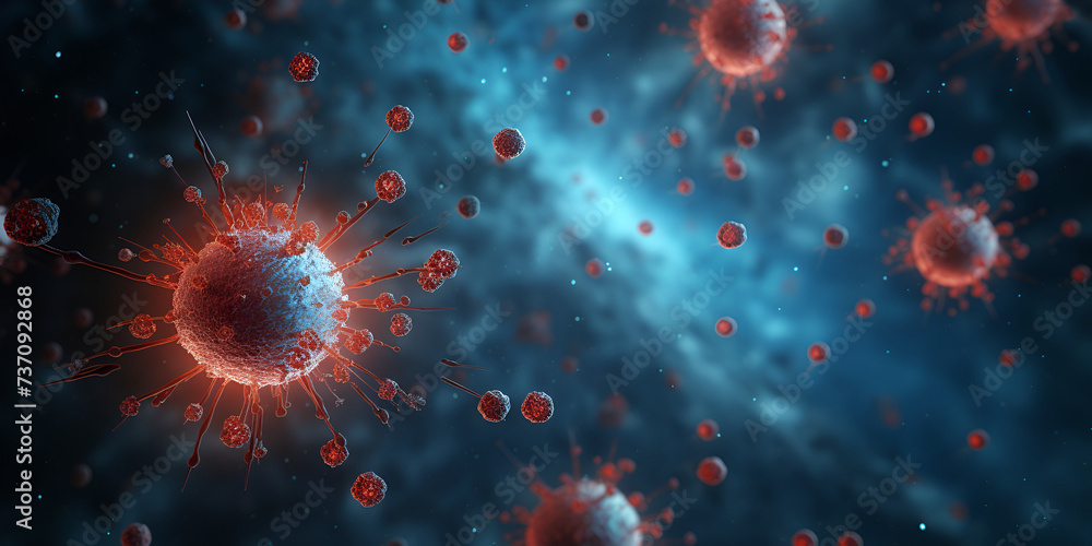 A group of cells that float on the surface of a blue background cancer ...