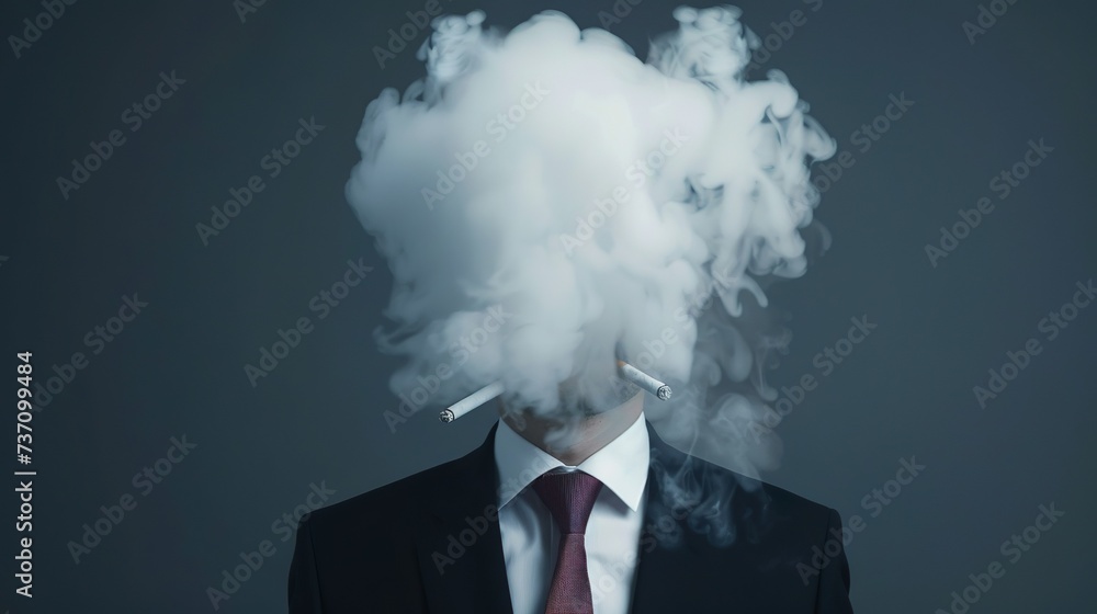 A male businessman wearing a suit with a tie and a head full of smoke ...