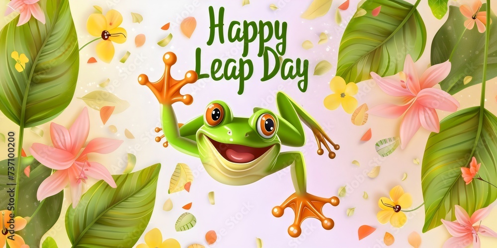 Leap day, 29 February 2024 greeting card with cute Green Frog and Happy ...