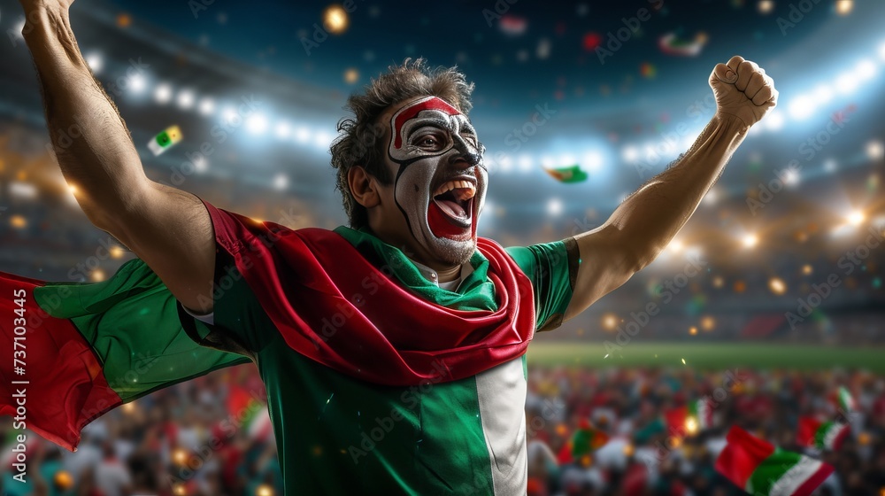 Excited mexico fan with painted face, cheering at sports event, stadium ...
