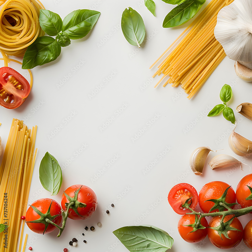 White background with an Italian themed border with Spaghetti, basil ...