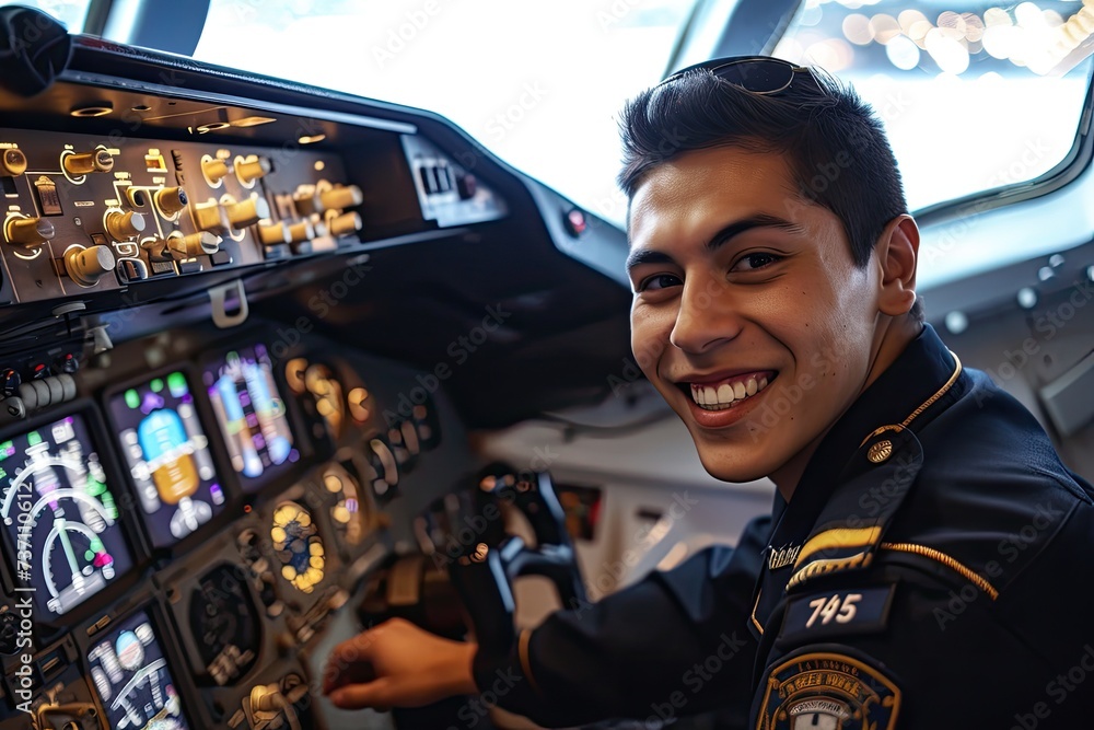 pilots in plane cabin, airplane cockpit and control panel Stock ...