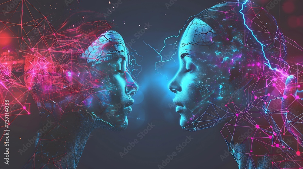 Digital artwork of two human profiles with interconnected lines and ...
