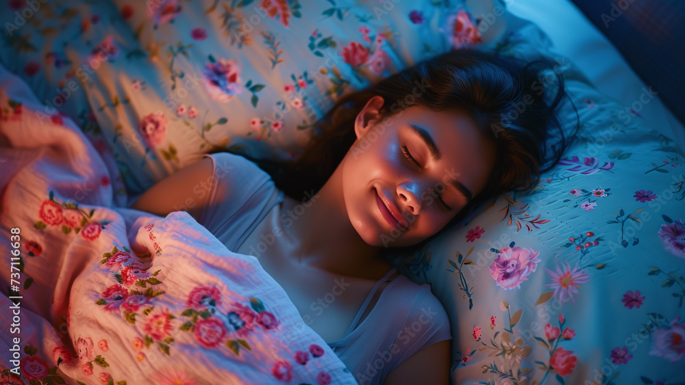 Young Girl Sleeping, Blissful Sleep: Content Woman Smiles in Bed Stock ...