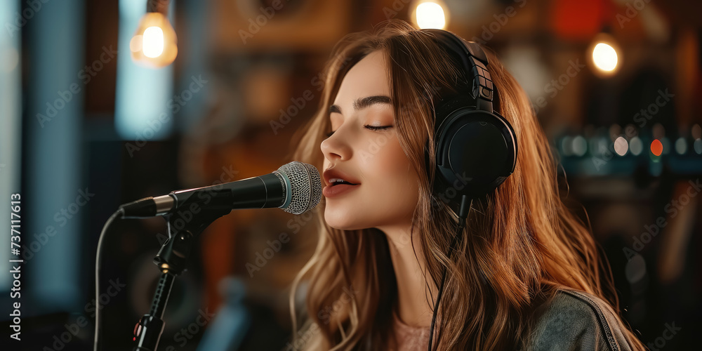 beautiful young woman sings into a microphone in a recording studio ...