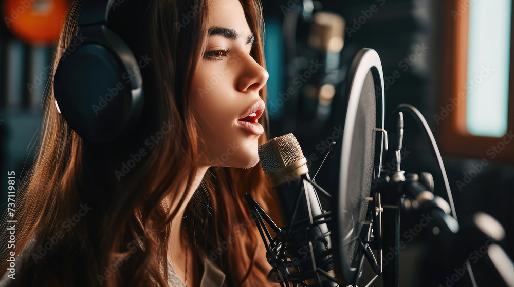 beautiful young woman sings into a microphone in a recording studio ...