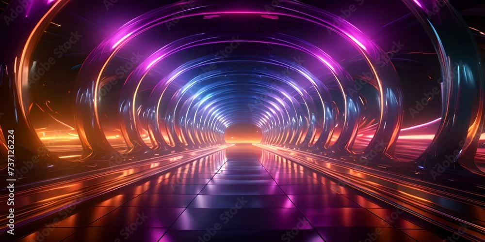 Portal of beautiful neon lights with glowing purple and blue lines in a ...