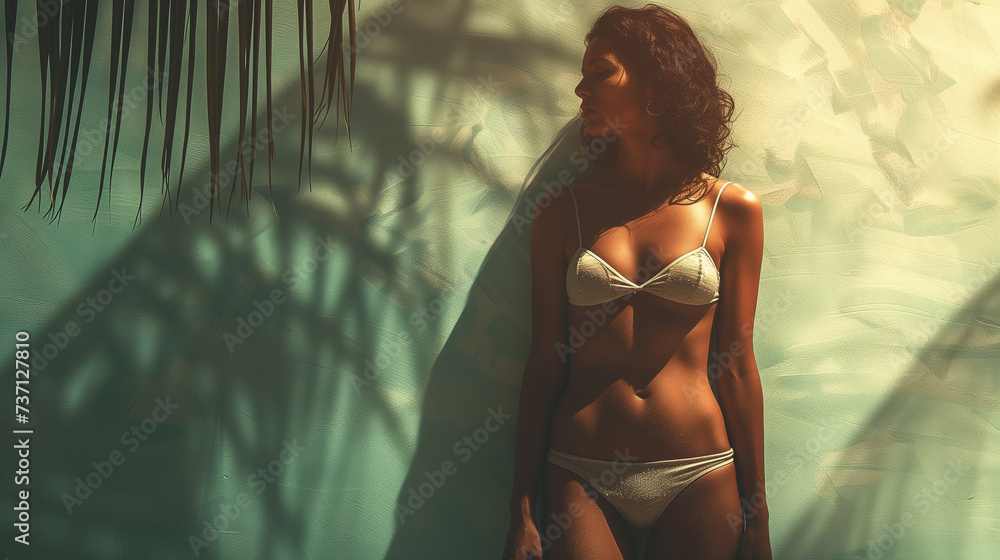 Tropical Elegance: Shadow Play with Bikini ModelModel in white bikini bathed in sunlight and ...
