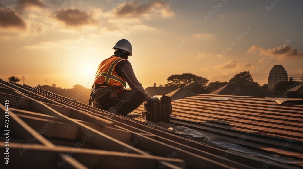Construction worker wearing safety harness belt during working on roof ...