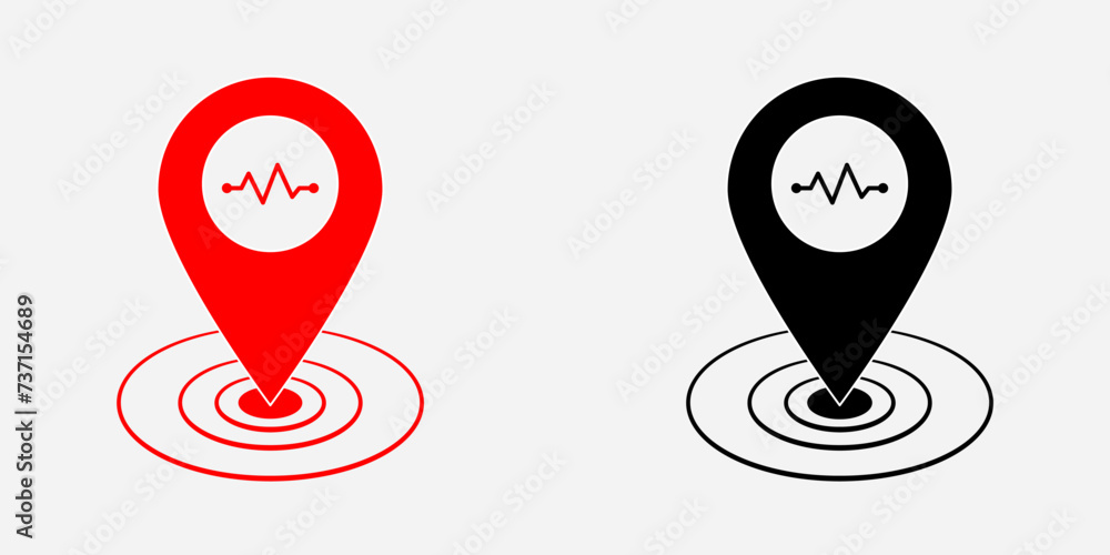 Earthquake epicenter location cordinat icon set. Seismic activity ...