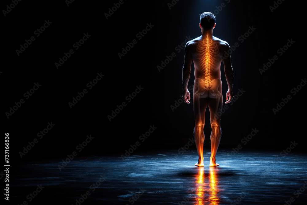 Full length man on a black background, human skeleton, lumbar and neck ...