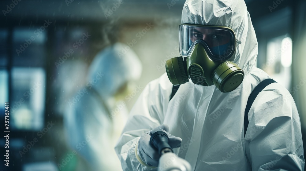 Specialists wearing protective suits disinfect the surfaces of public ...