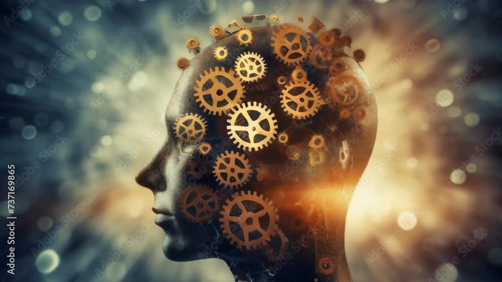 Person's head with gears forming shape of human head. Can be used to ...