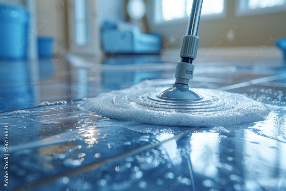 Mopping a Shiny Tiled Floor. Cleaning floor tiles with wet mop. Stock ...