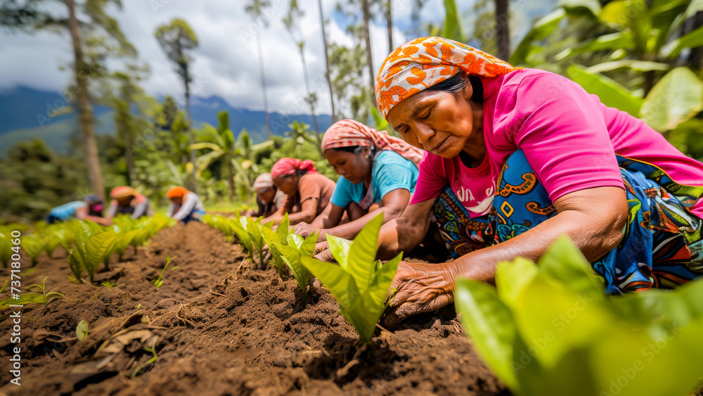 A group of women in traditional clothing planting crops together in a ...