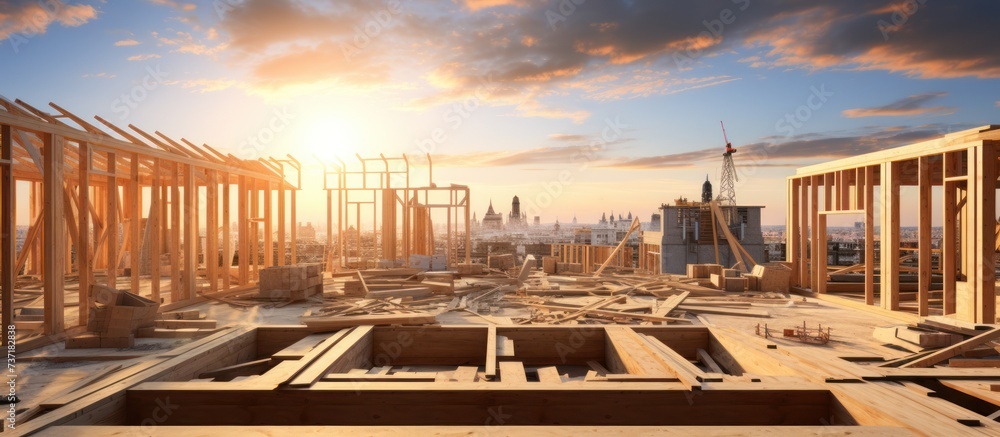 Wooden frame structure at construction site. New houses are built on ...