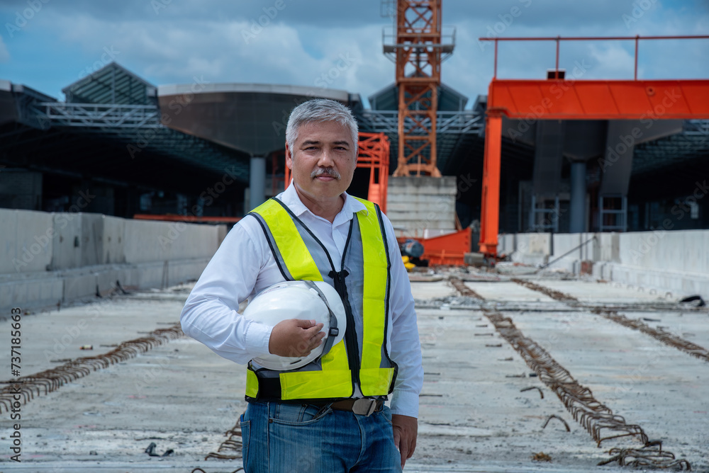 Portrait engineer railway and construction under survey inspection ...