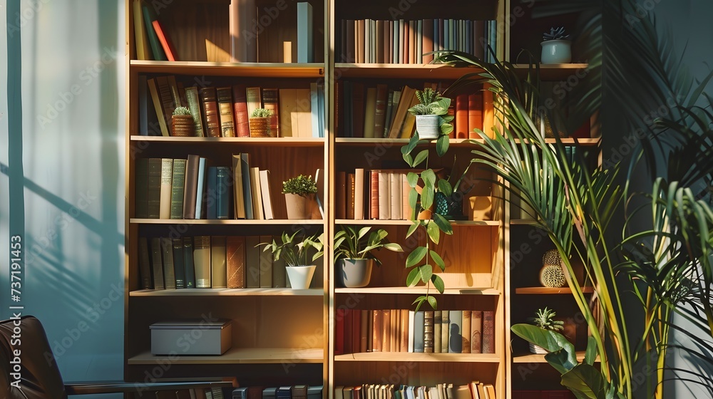 A contemporary-style bookshelf adorned with plants that serves as a ...