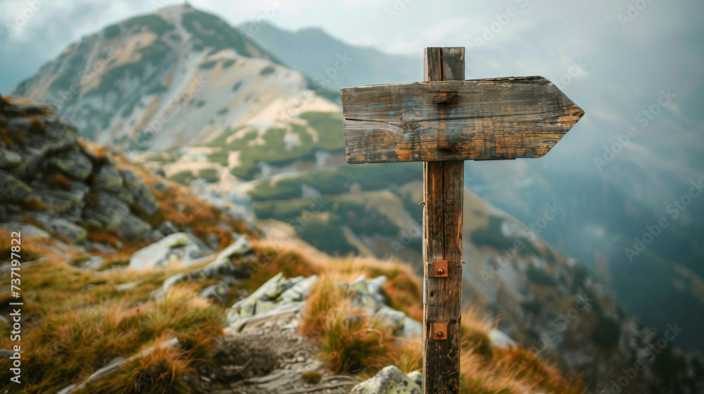 plain wooden signpost with arrow on the top of the mountain mountain ...